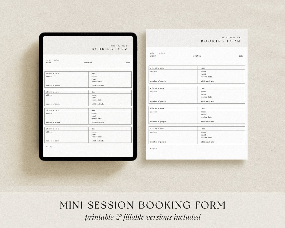 Mini Session Booking Form, Printable Photography Session Planner ...
