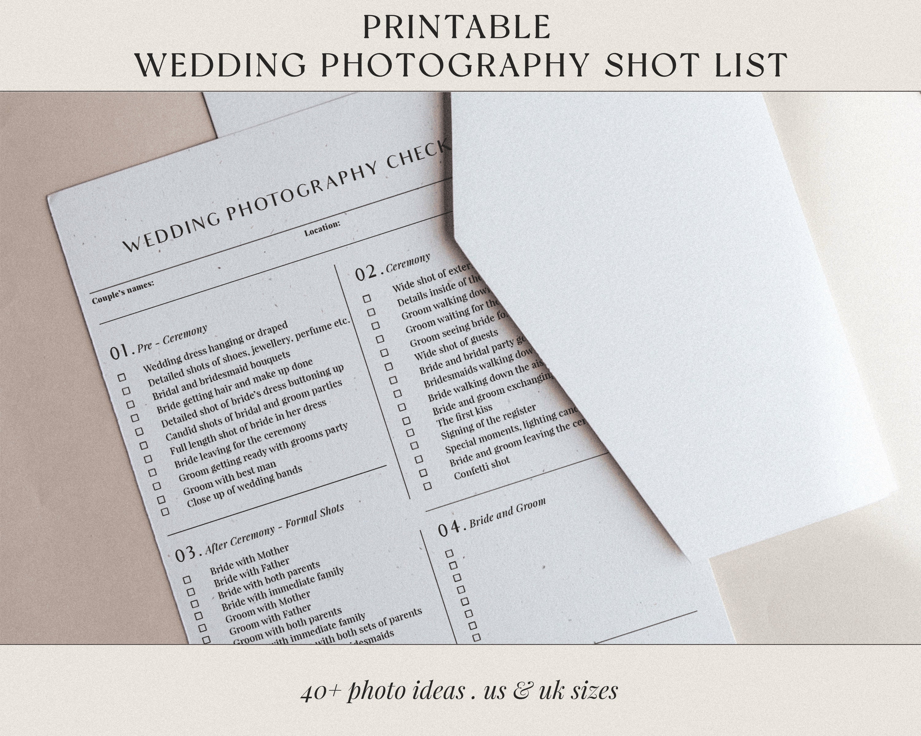 Printable Wedding Shot List for Photographers, Photo List for Wedding ...