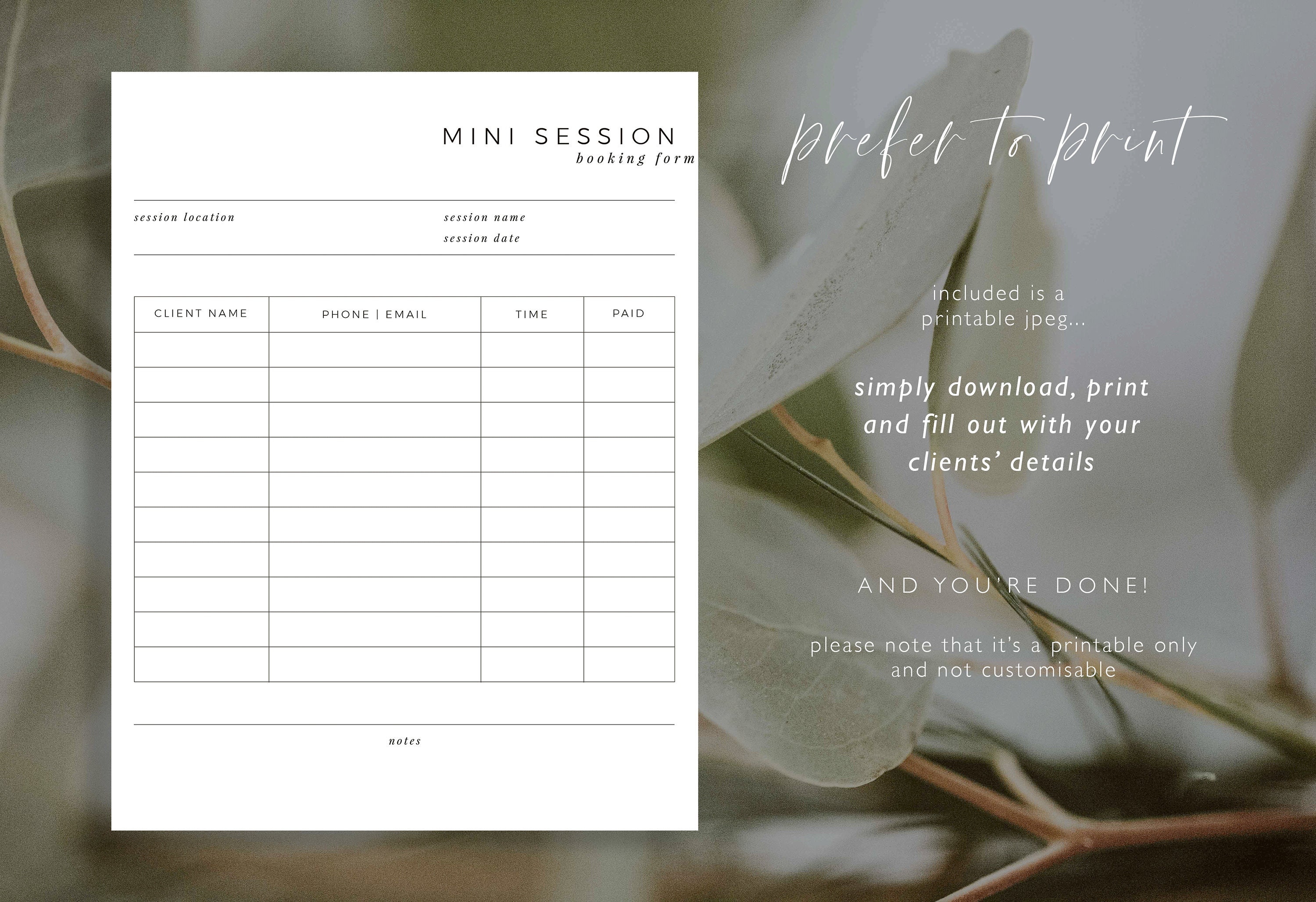 Booking Form for Mini Sessions, Printable Photo Shoot Register ...