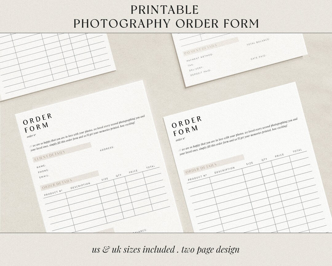 Printable Photography Order Form, Wedding Photographer Stationery ...