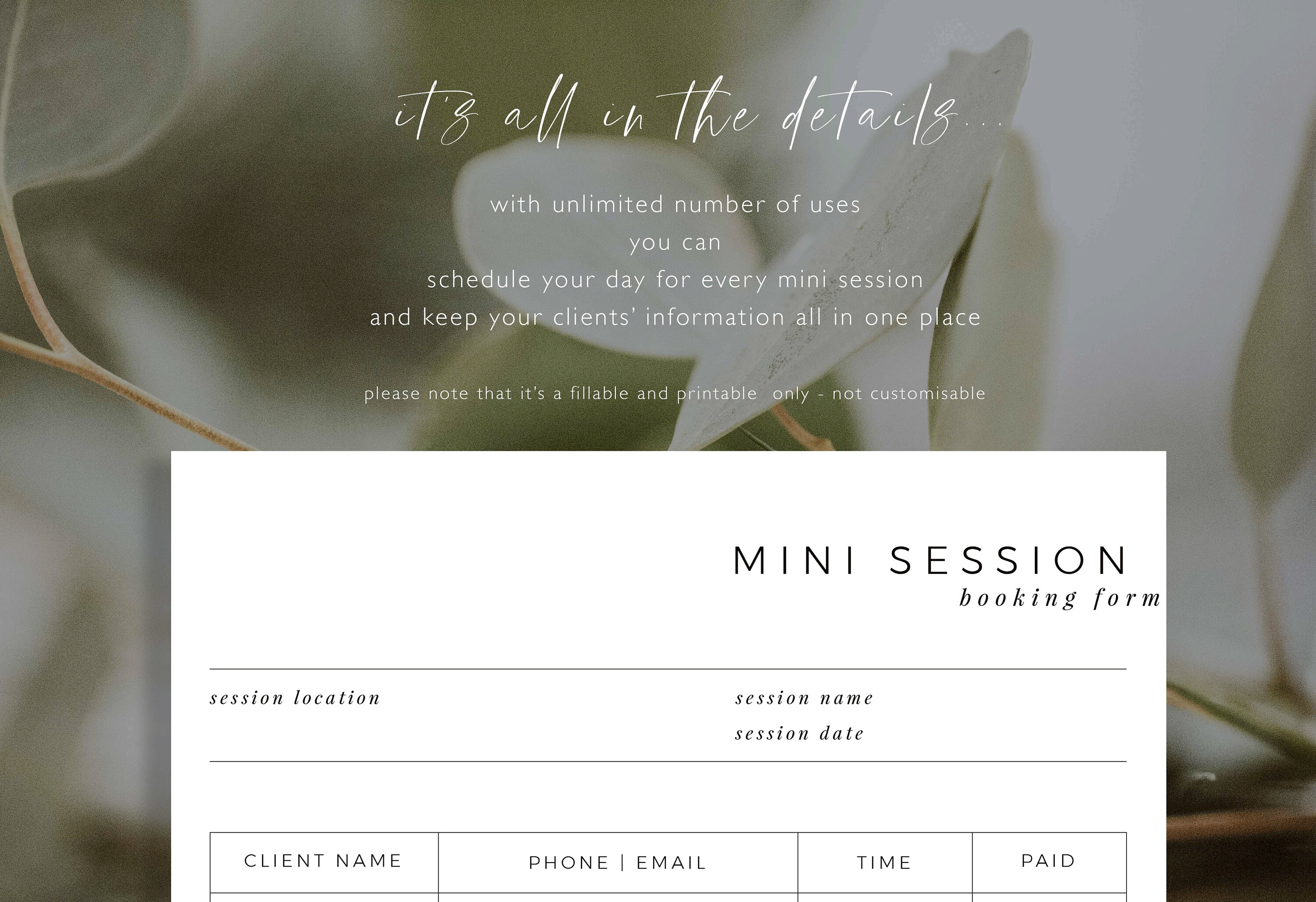 Booking Form for Mini Sessions, Printable Photo Shoot Register ...