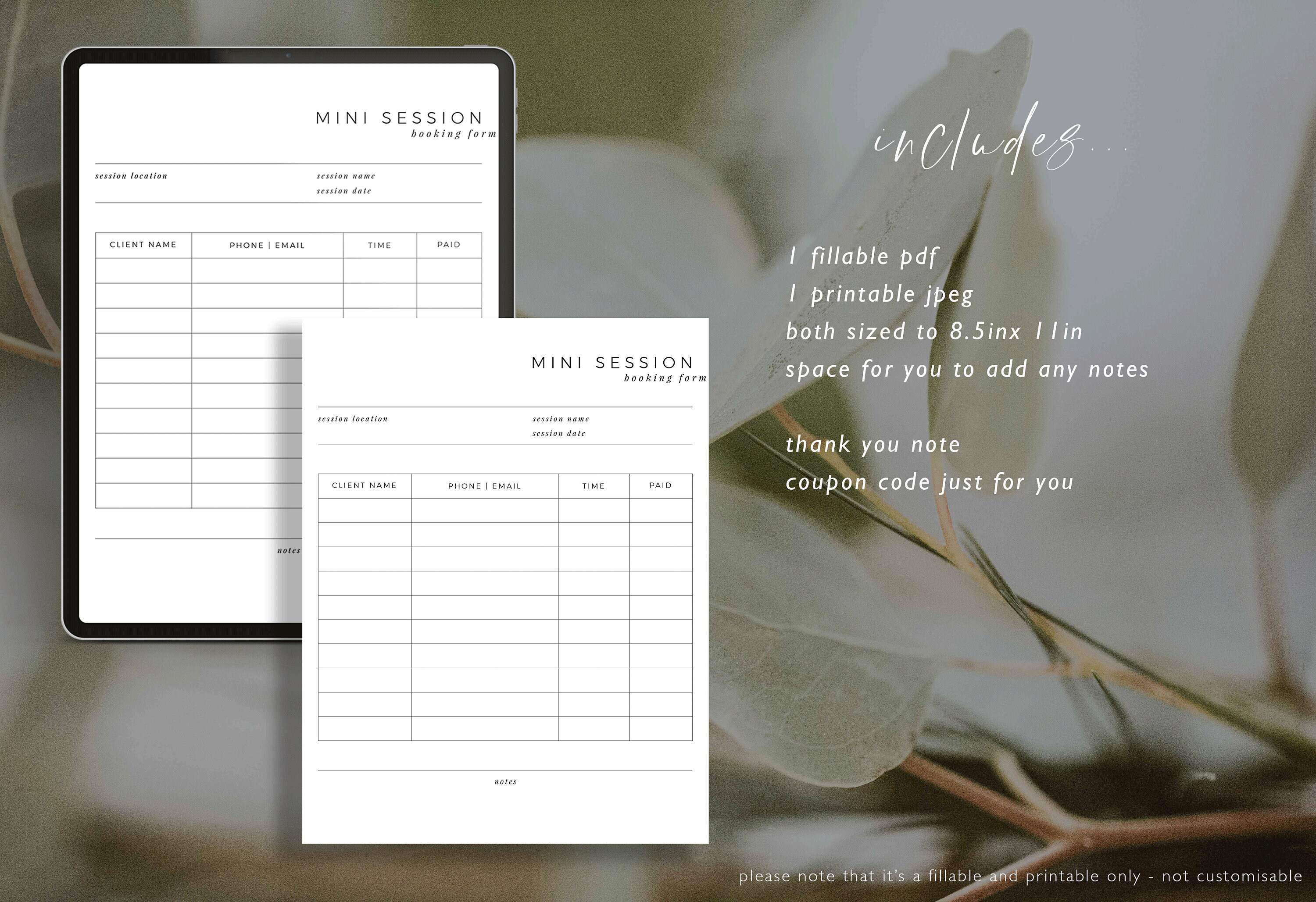 Booking Form for Mini Sessions, Printable Photo Shoot Register ...