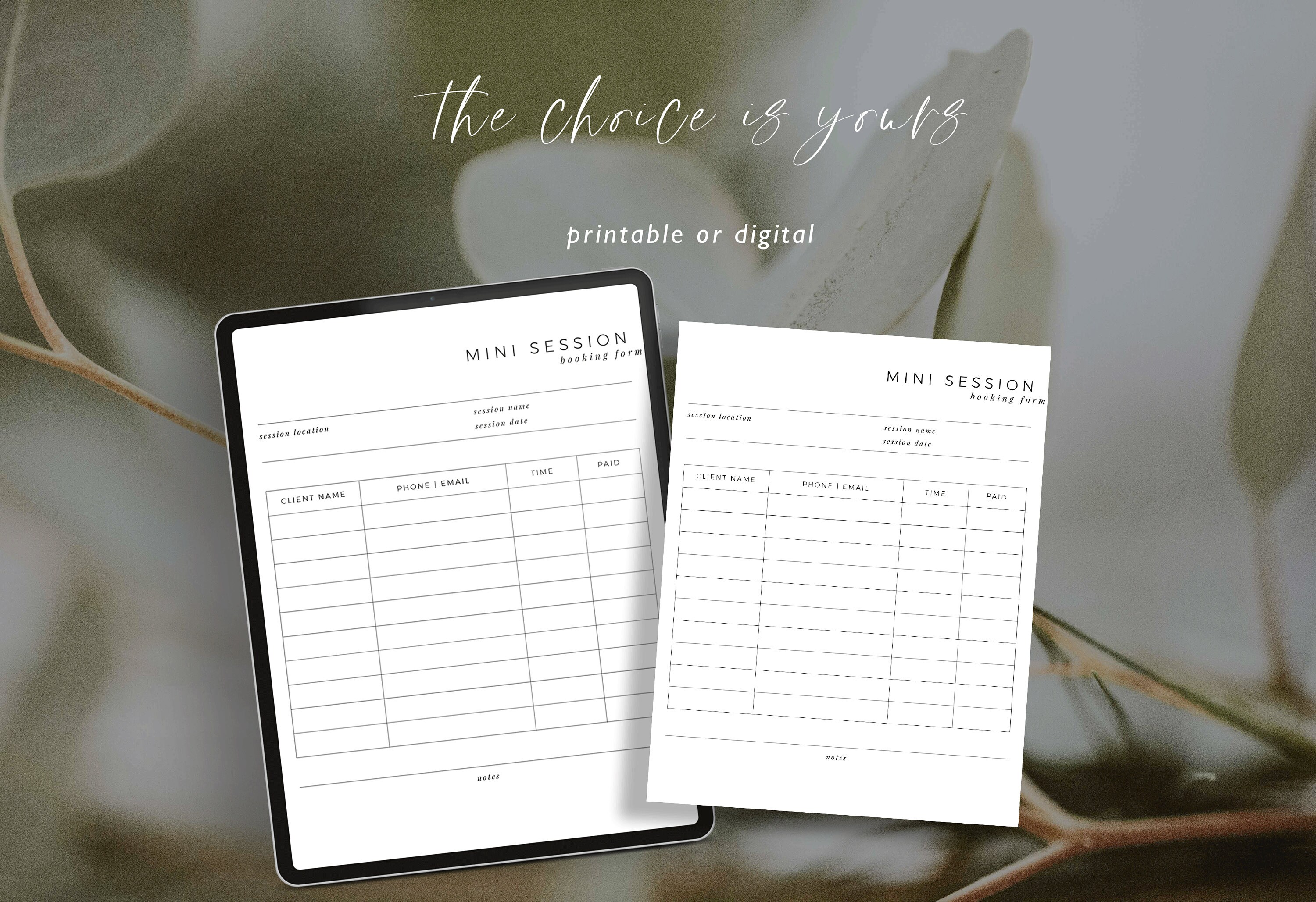 Booking Form for Mini Sessions, Printable Photo Shoot Register ...