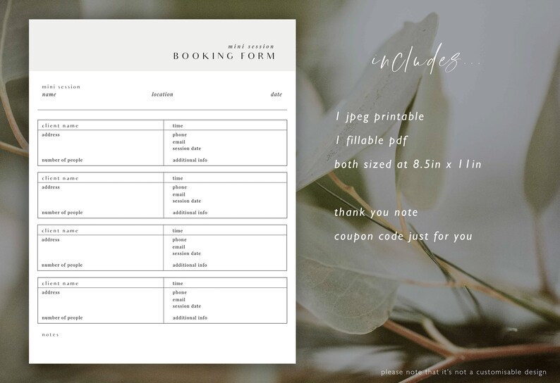 Mini Session Booking Form, Printable Photography Session Planner ...