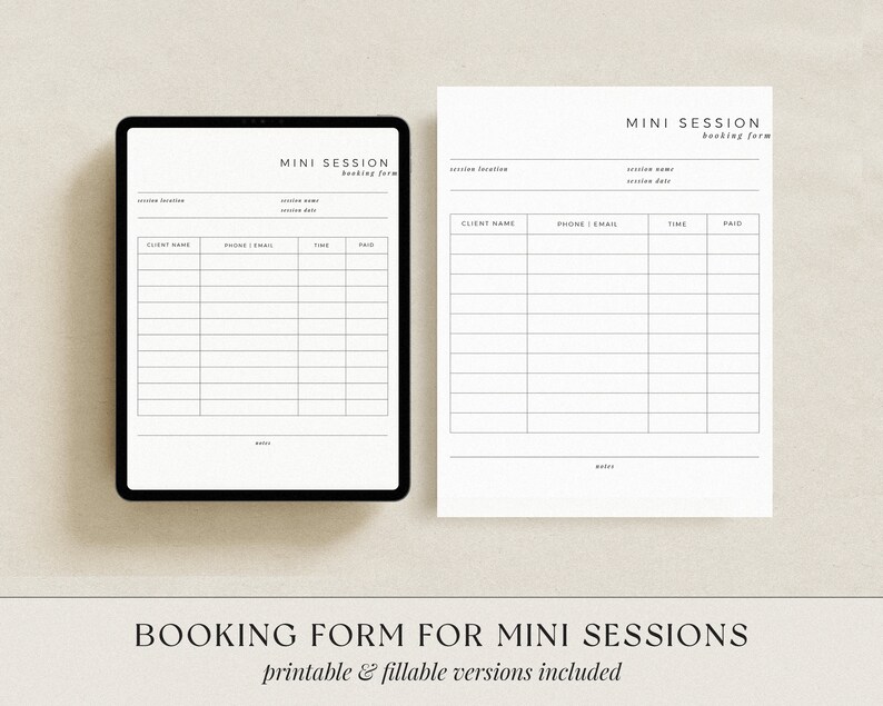 Booking Form for Mini Sessions, Printable Photo Shoot Register ...