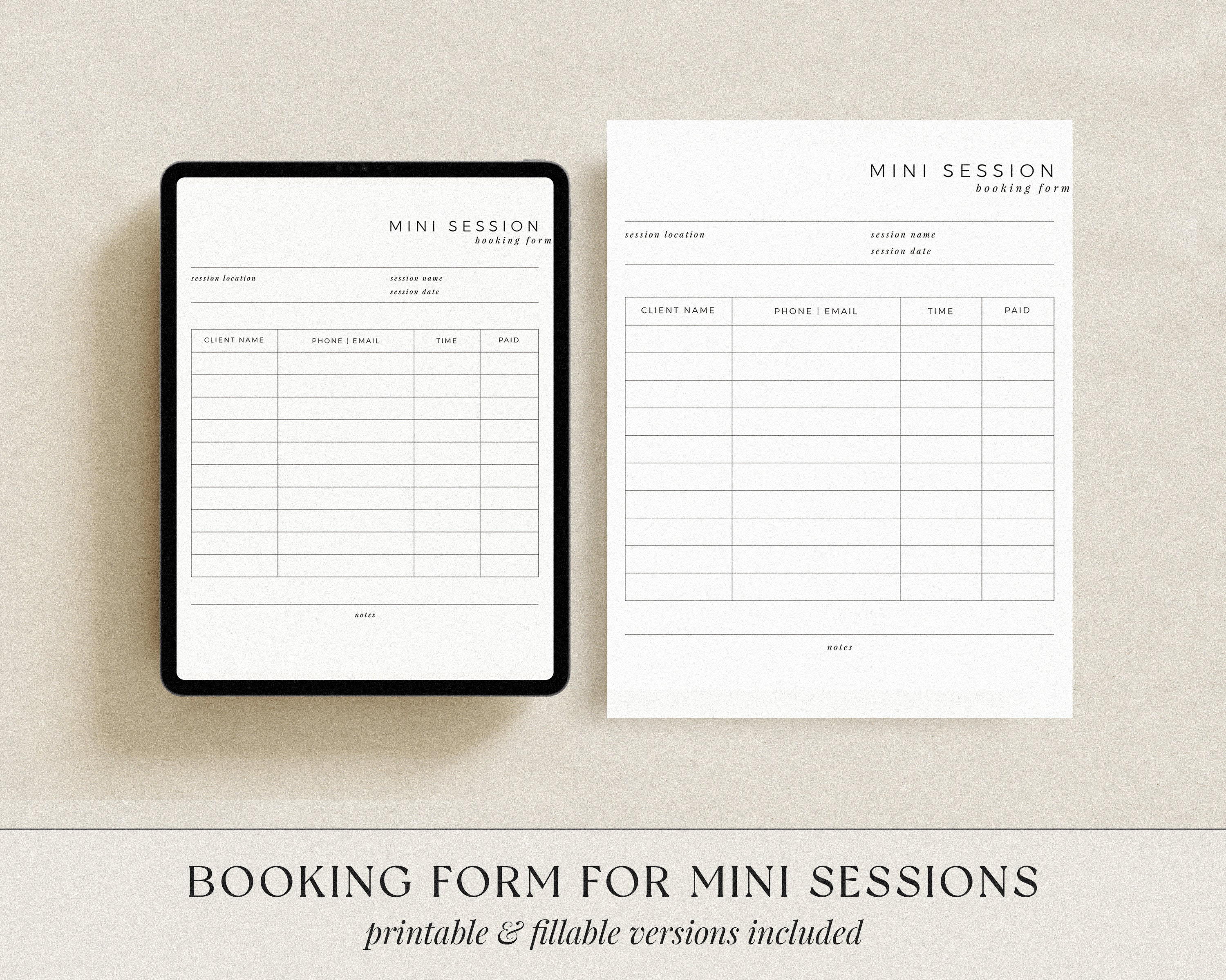 Booking Form for Mini Sessions, Printable Photo Shoot Register ...