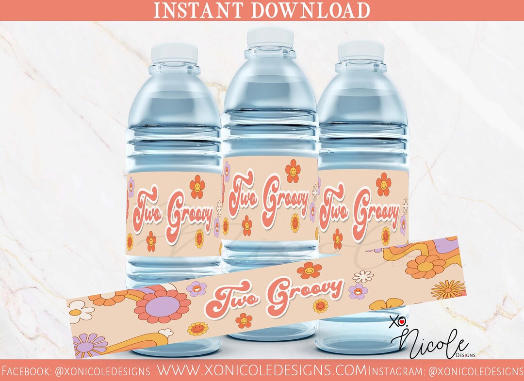 Groovy Theme Water Bottle Labels - Favor Water Bottles - Instant ...