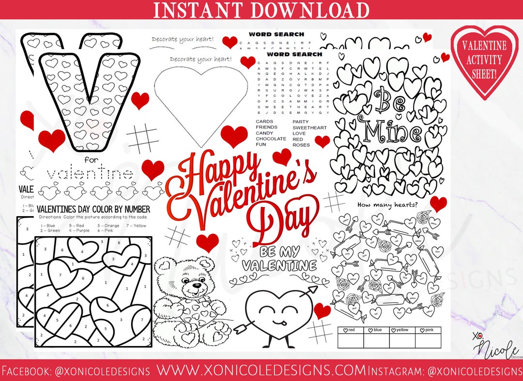 Valentines Activity Sheet - Valentine Theme Coloring Sheets - Instant ...