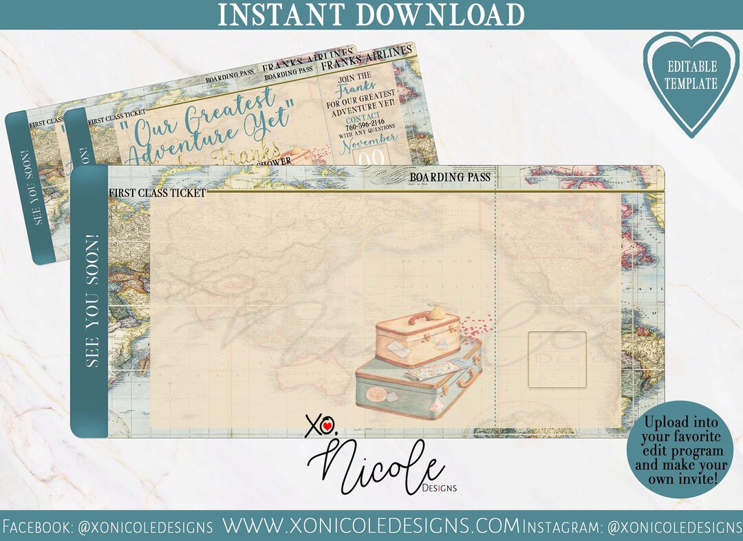 World Map Invitation - Airplane Boarding Pass -editable Template ...