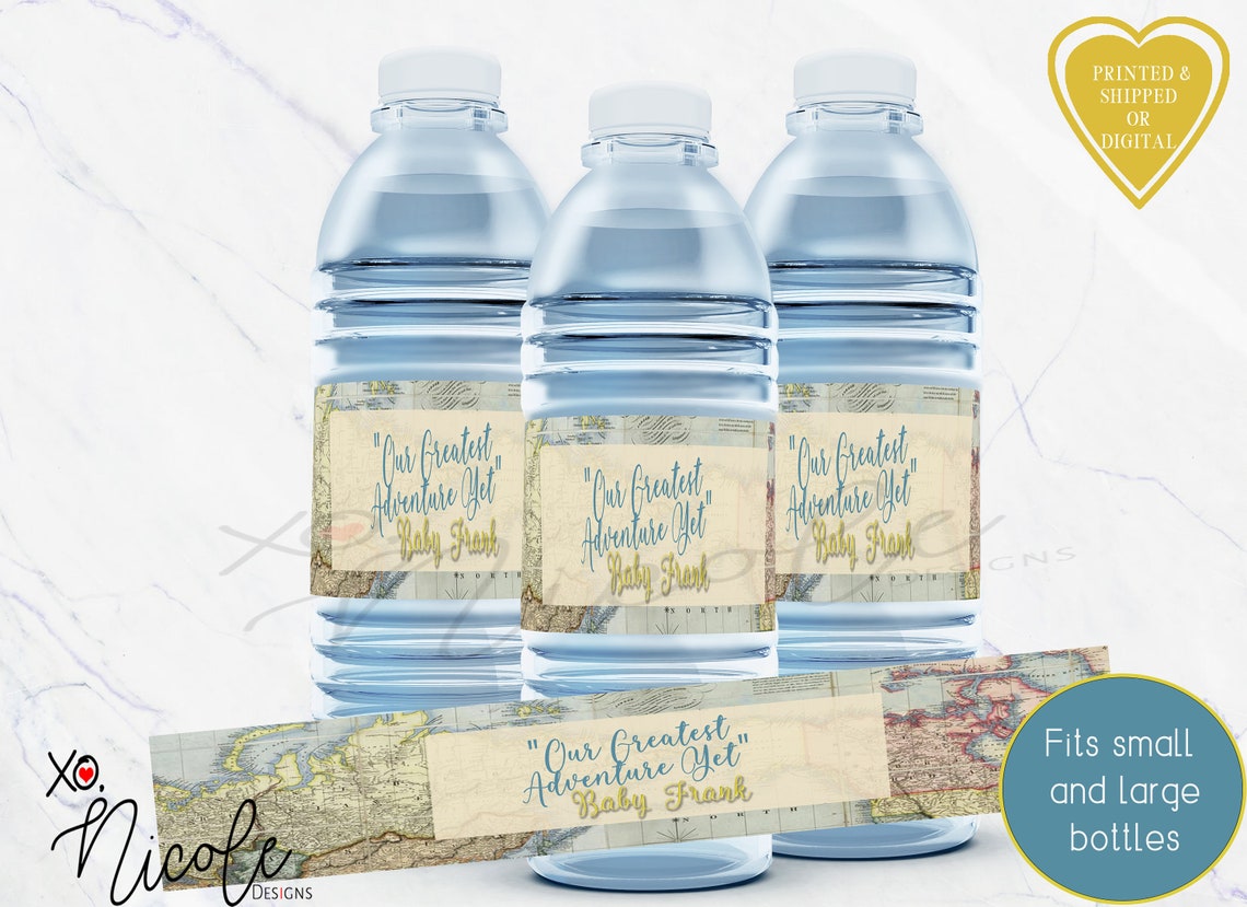 World Map Water Bottles - Favor Water Bottles - Adventure Awaits Baby ...