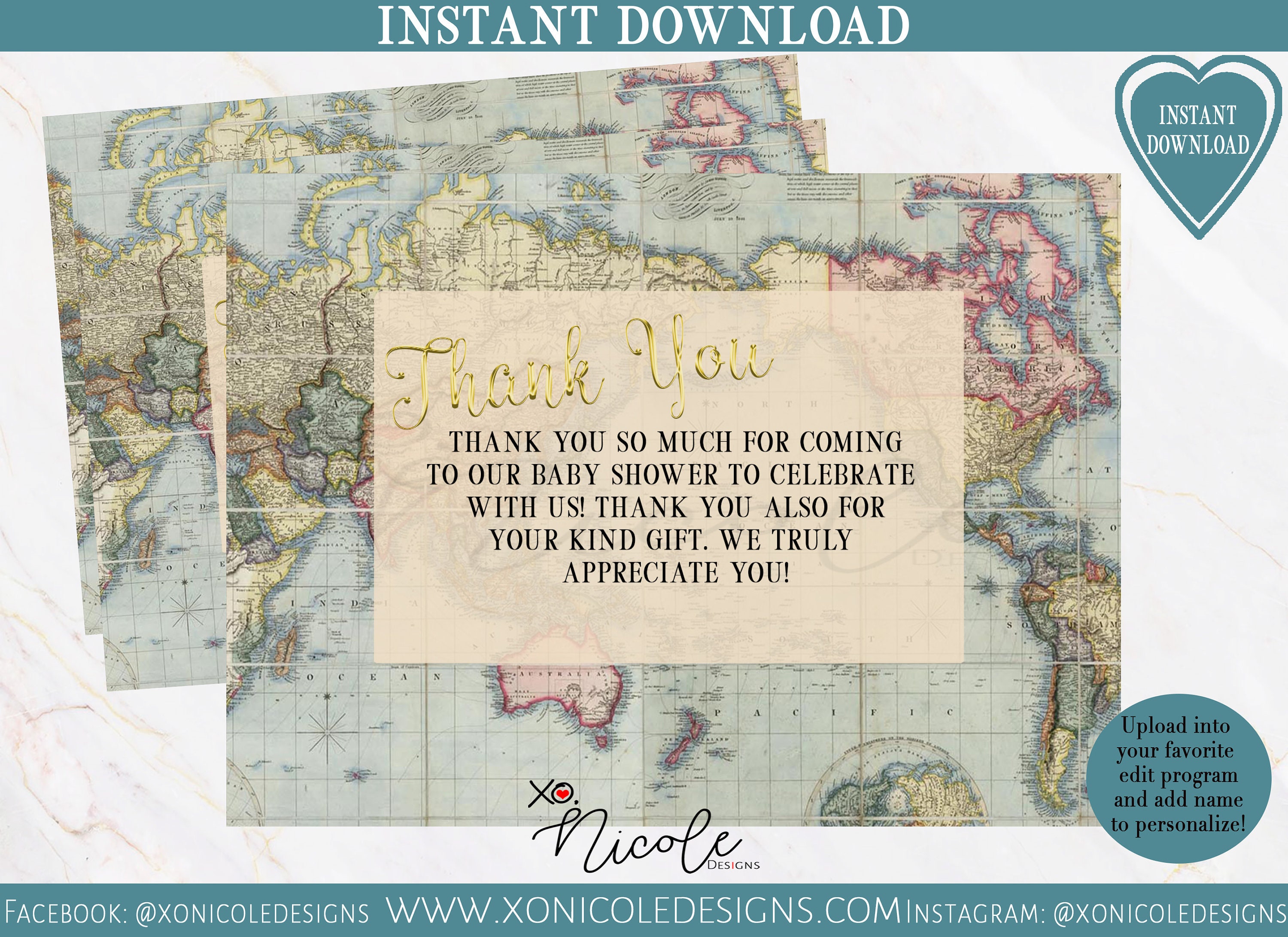 World Map Thank You Card - Adventure Awaits Thank You Card - Instant ...