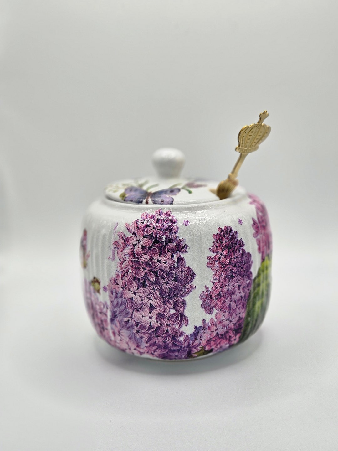 Floral Lilac Decoupage Large Ceramic Sugar Pot Bowl With the Lid and ...