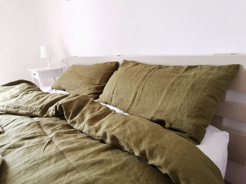 Linen Bedding Set in Olive Green Color. Linen Duvet Cover and 2 Linen ...