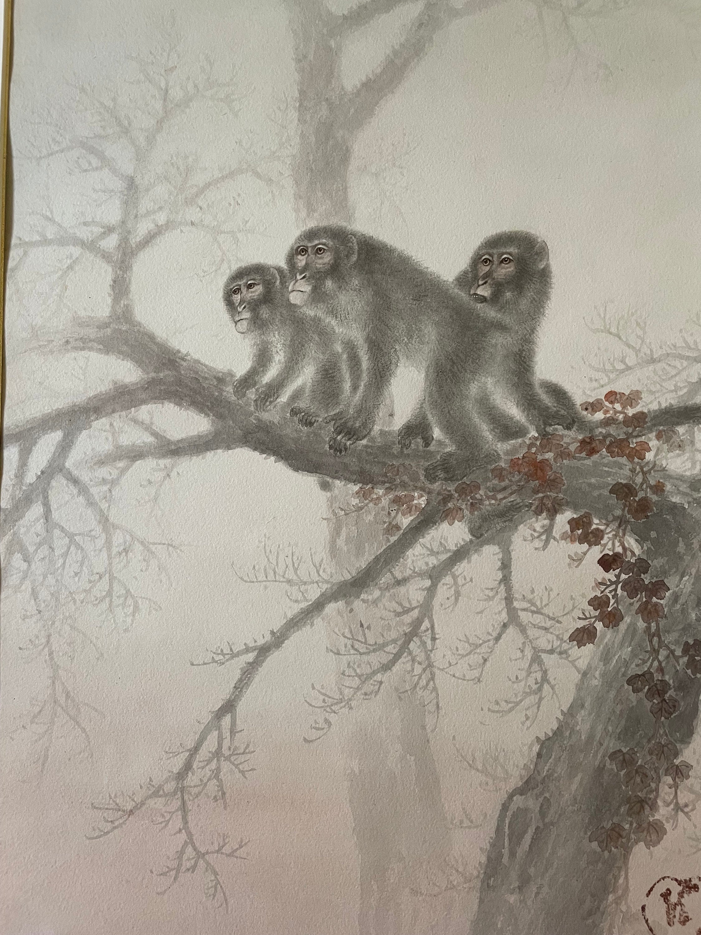 A 19th Century Japanese Watercolor of Monkeys on a Branch in a Misty ...