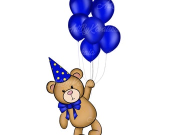 Watercolor Teddy Bear Clipart With Balloons Digital PNG for Baby Shower ...