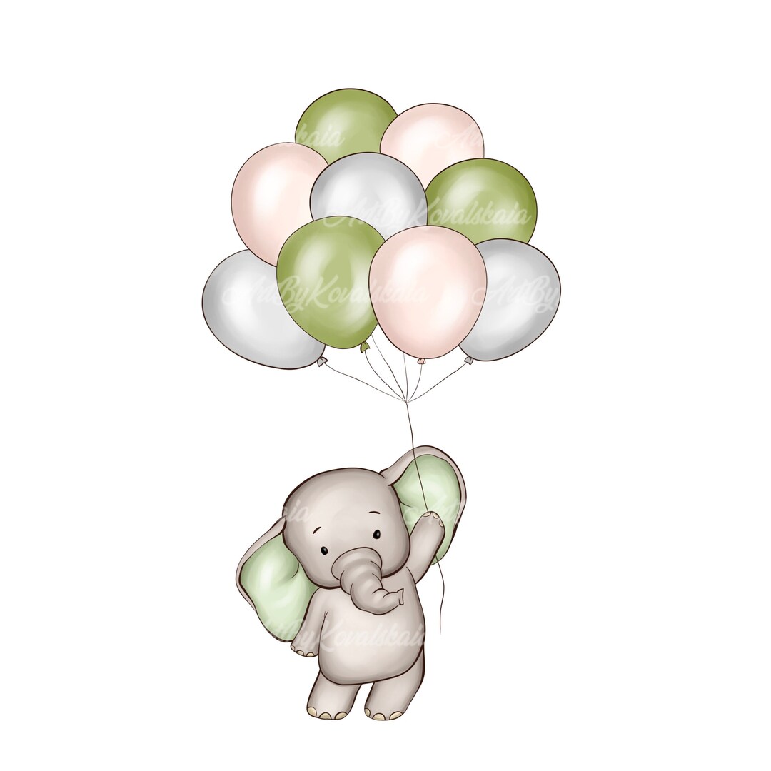 Baby Elephant Clipart: Balloons PNG, Shower Graphic (digital Download ...