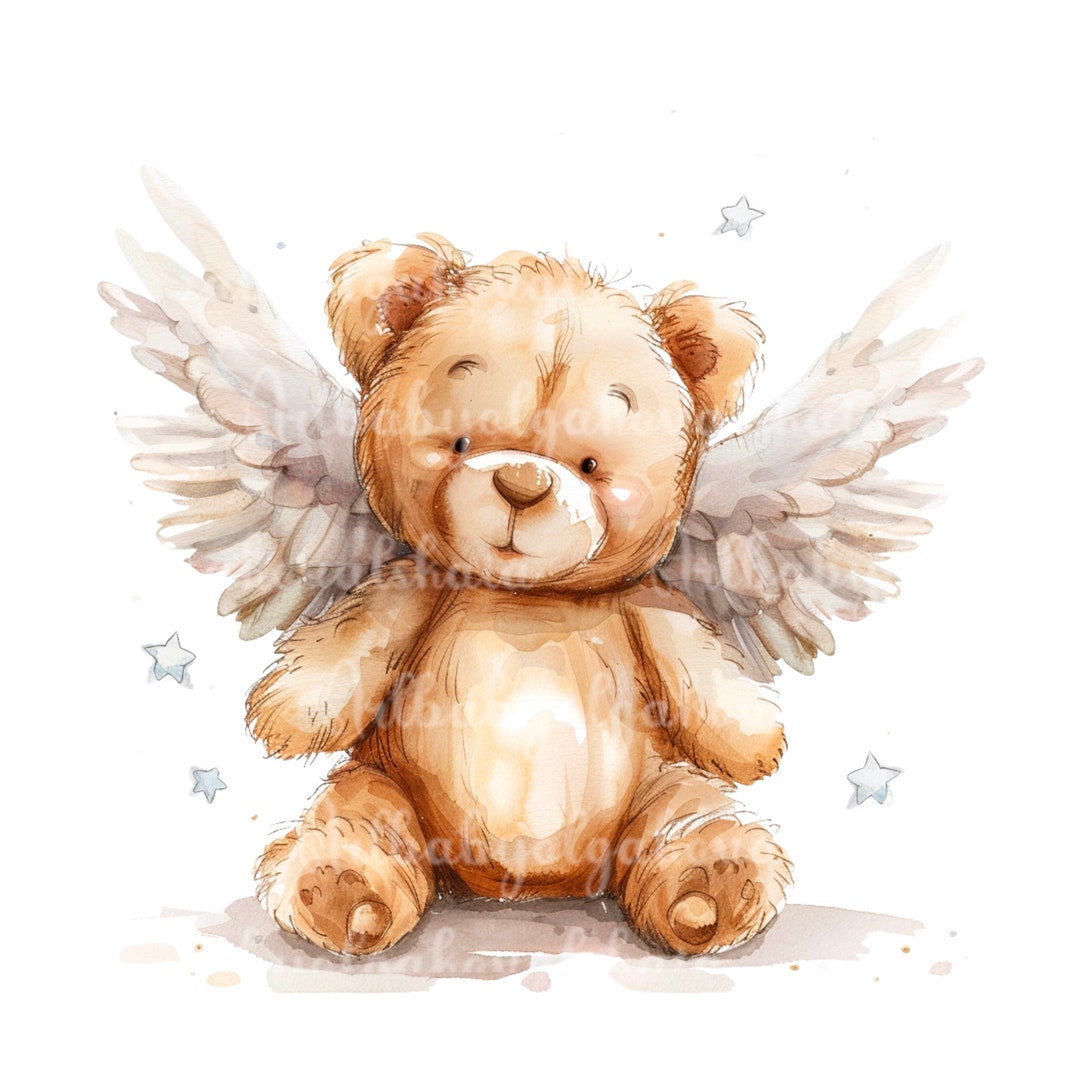 Teddy Bear Clipart, Watercolor Angel Bear PNG, Baby Shower, Digital ...