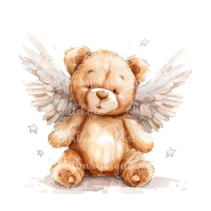Teddy Bear Clipart, Watercolor Angel Bear PNG, Baby Shower, Digital ...
