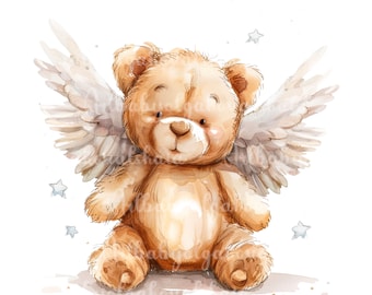 Teddy Bear Clipart, Watercolor Angel Bear, PNG, Baby Shower, Digital ...