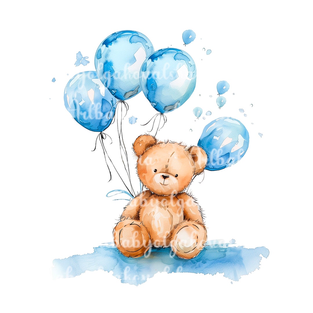 Watercolor Teddy Bear Clipart, PNG, Balloons, Baby Shower Boy, Digital ...