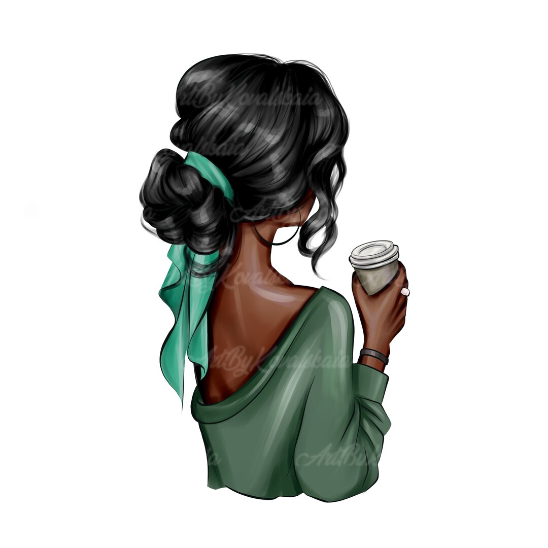 Fashion Girl Clipart: African American Lady With Coffee (PNG Digital ...