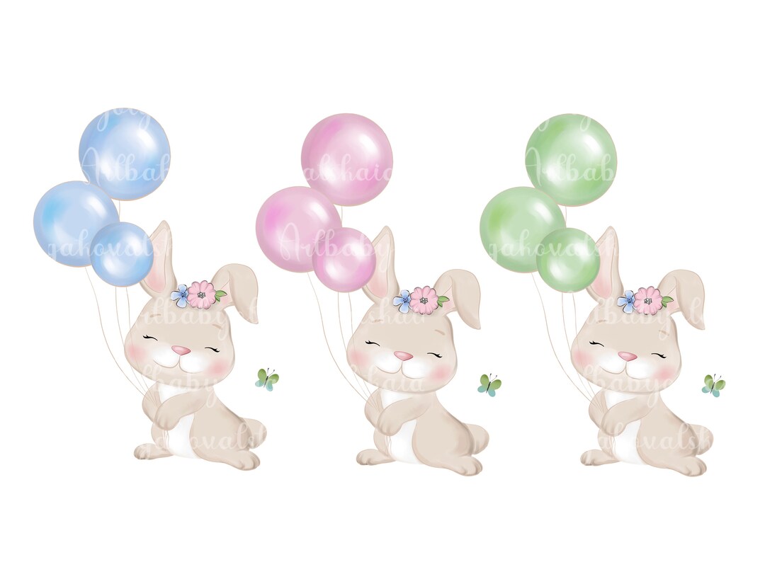 Bunny Clipart, Cute Bunny PNG, Balloons, Rabbit, Digital Download - Etsy