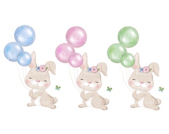 Bunny Clipart, Bunny PNG, Bunny With Balloons, Digital Download - Etsy