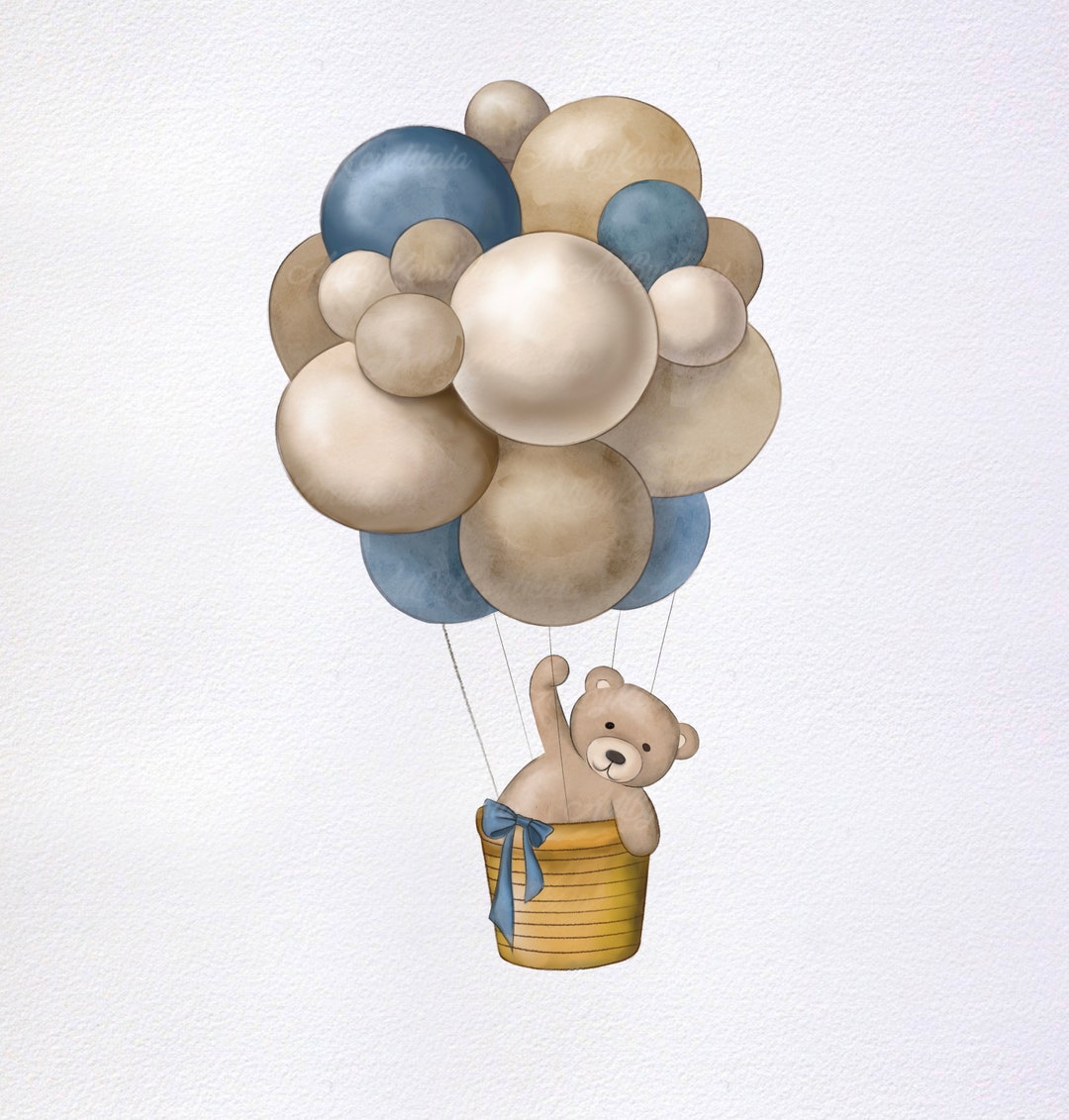 Watercolor Teddy Bear Clipart: Air Balloon PNG, Baby Shower (digital ...