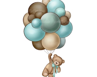 Teddy Bear Clipart PNG, Blue Balloons, Baby Shower Boy, Digital Download - Etsy