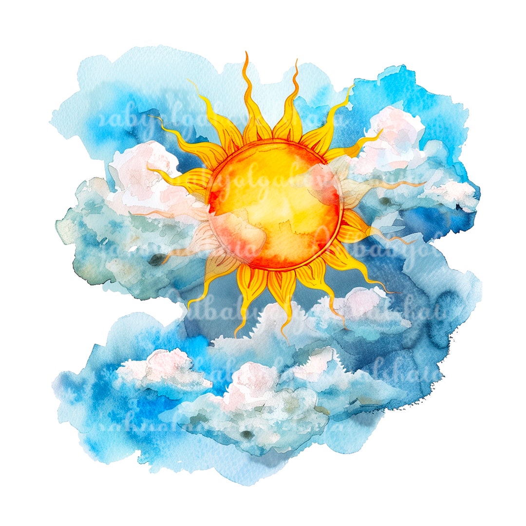 Watercolor Sun PNG Clipart, Clouds Clip Art, DIGITAL DOWNLOAD - Etsy