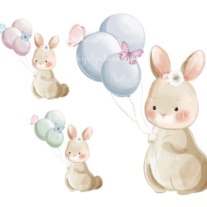 Bunny Clipart, Cute Bunny PNG, Baby Shower Clip Art, Balloons, Rabbit ...