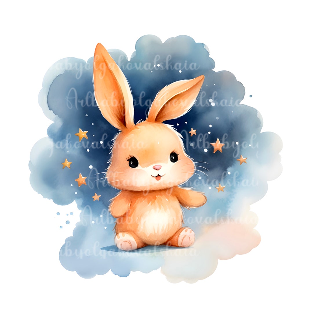 Bunny Clipart, Watercolor Cute Bunny PNG, Rabbit, Cloud, Digital ...