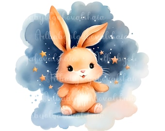 Watercolor Bunny Clipart, Cute Rabbit PNG, Bunny on a Cloud, Baby ...