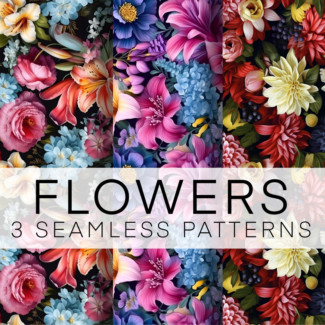 3 Seamless Pattern, Realistic 3D Flowers, Digital Paper Bundle, Instant ...