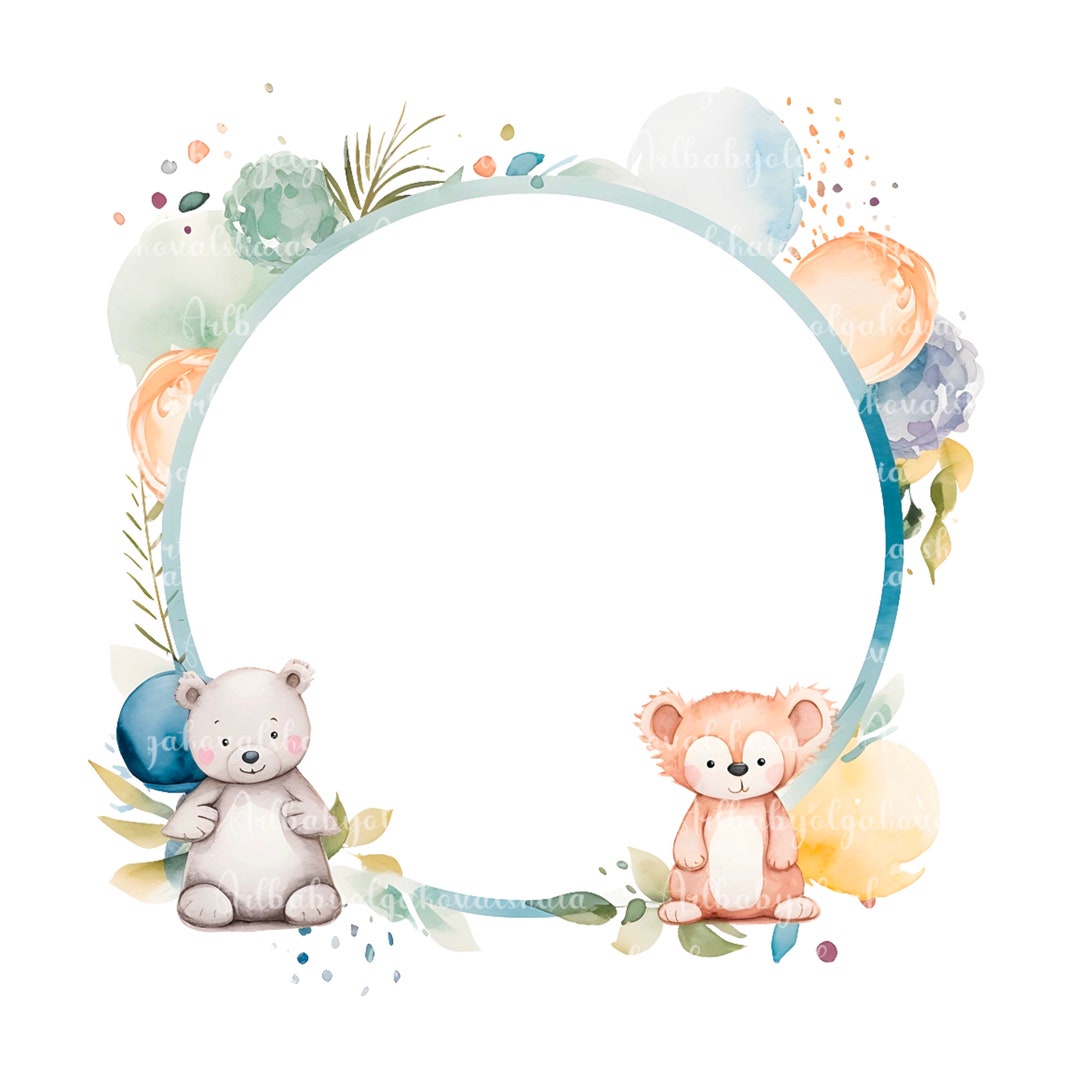 Floral Wreath PNG, Watercolor Frame, Teddy Bear, Baby Shower Frame ...