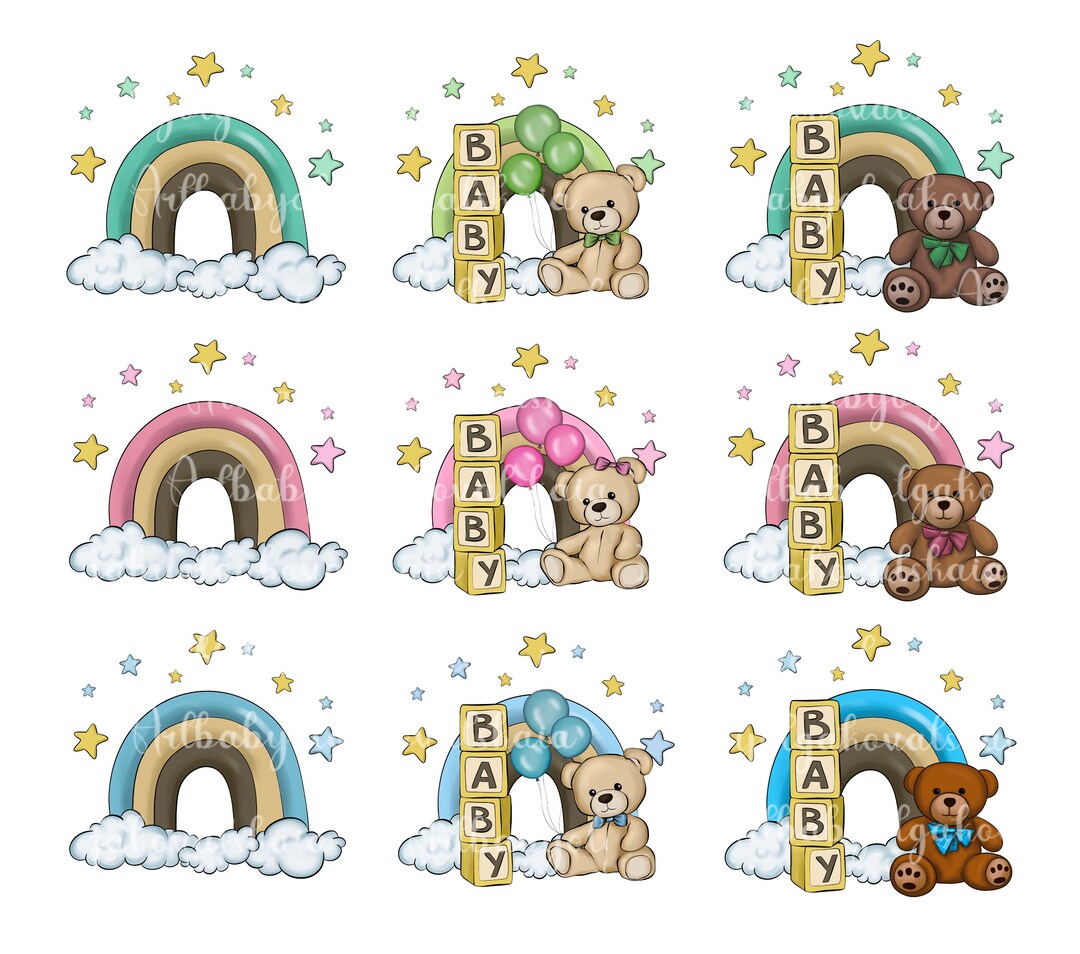 Teddy Bear Clipart: Rainbow, Balloons, Baby Shower (digital Download ...