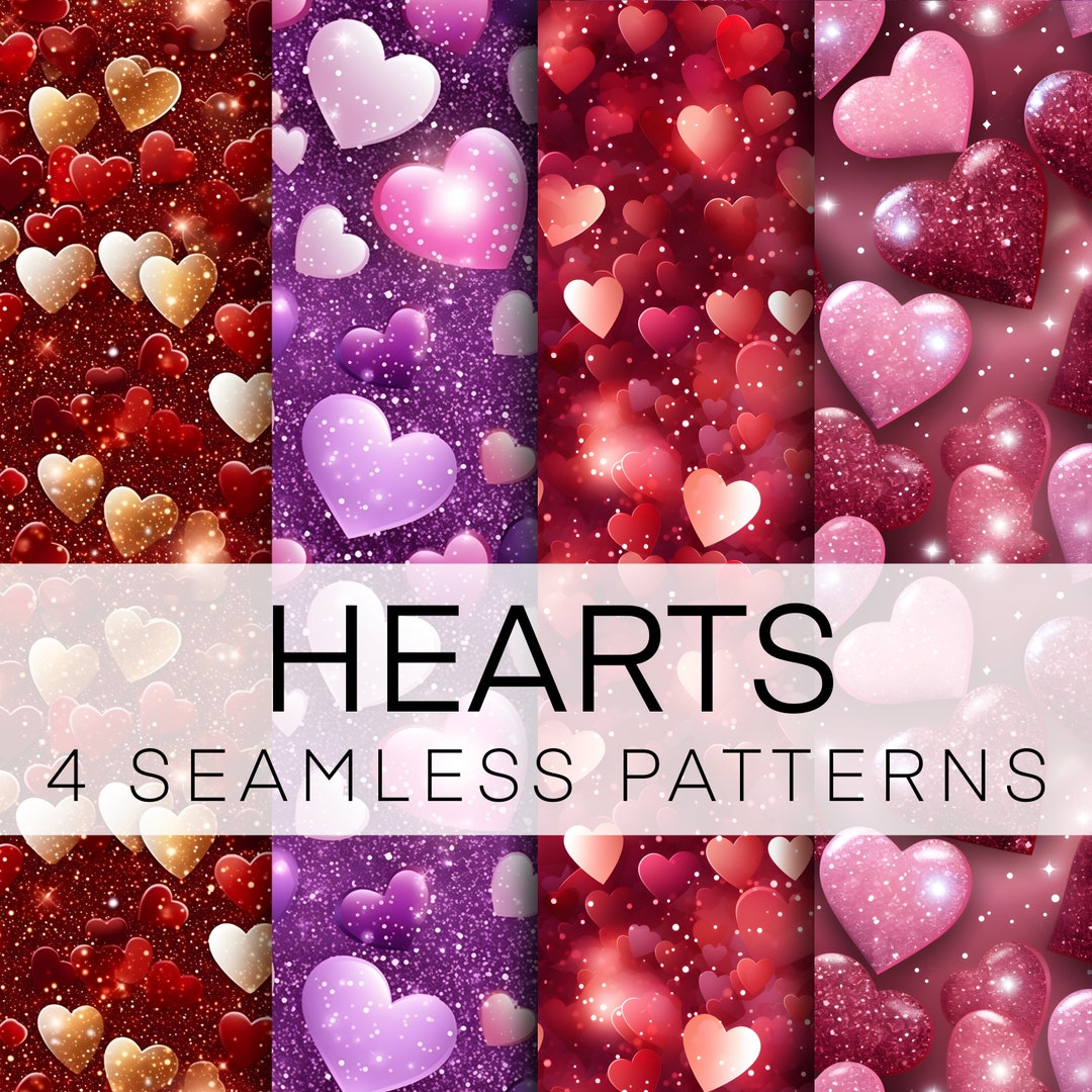 4 Seamless Hearts Patterns, Valentines Day, Love Hearts, Digital Paper ...