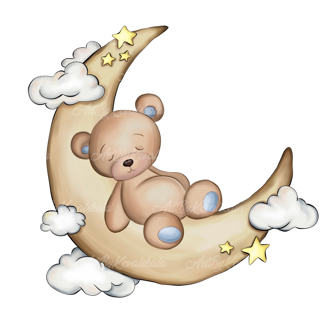 Teddy Bear Clipart, Teddy Bear Sleeping on Moon, Bear PNG, Baby Shower ...
