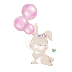Bunny Clipart, Cute Bunny PNG, Pink Balloons, Rabbit, Digital Download ...