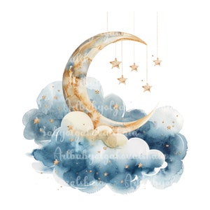 Moon PNG, Watercolor Moon Clip Art, Clouds and Stars, Digital Download ...