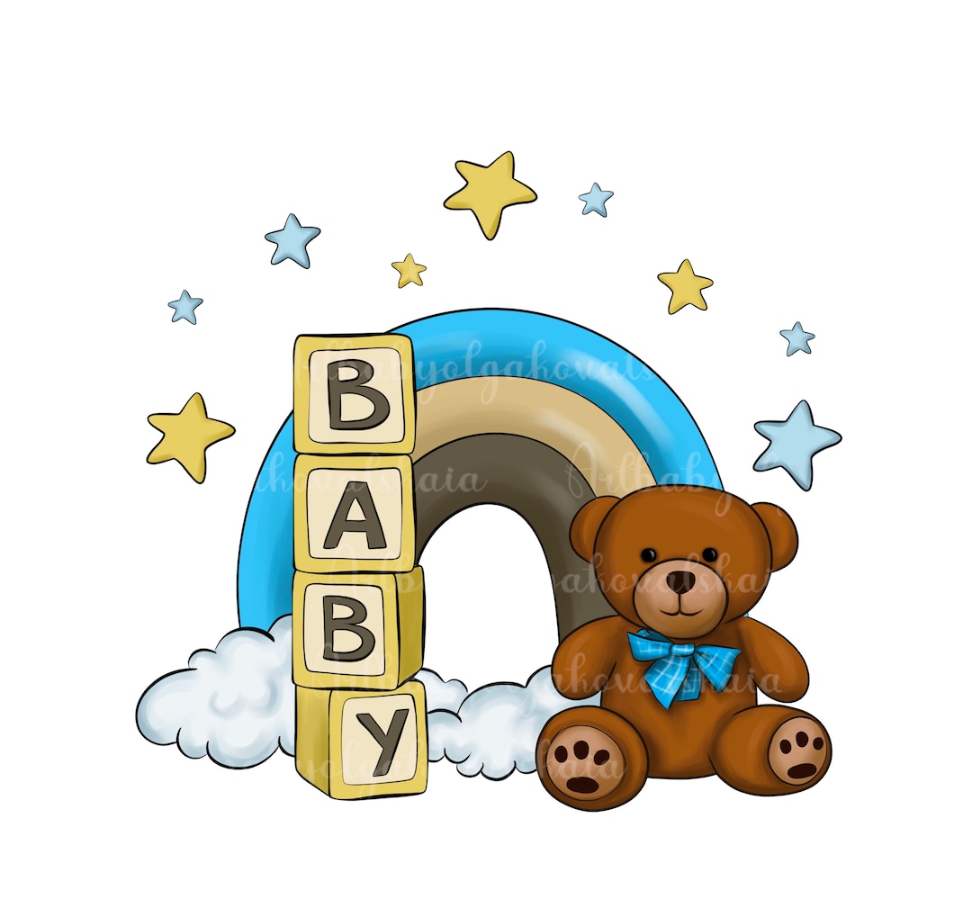 Teddy Bear Clipart, Cute Bear PNG, Baby Shower Boy, Rainbow, Digital ...