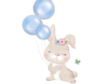Bunny Clipart, Bunny PNG, Bunny With Balloons, Digital Download - Etsy