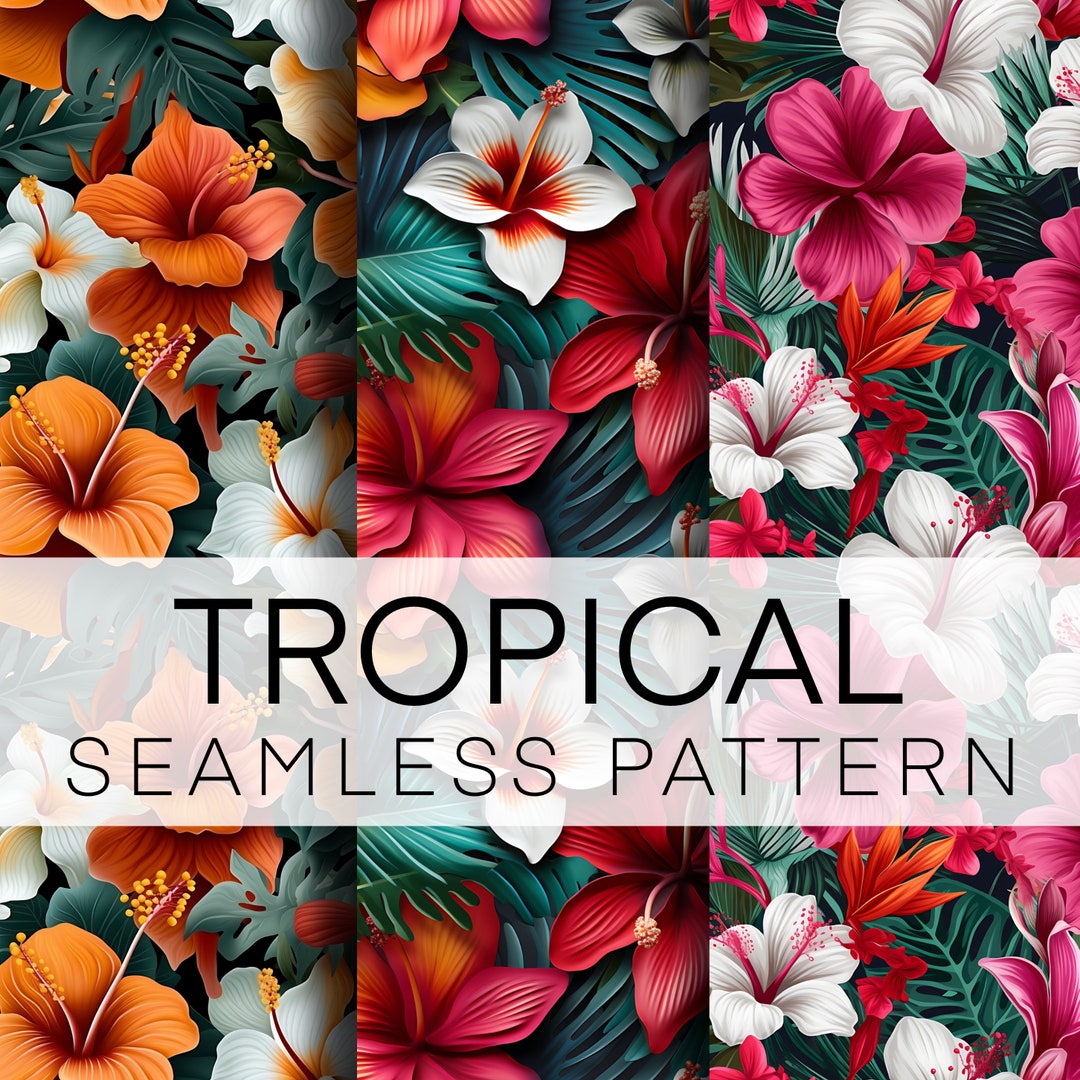 3 Tropical Digital Paper, Tropical Flowers Seamless Pattern Bundle ...