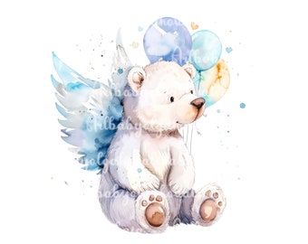 Teddy Bear Clip Art, Watercolor Angel Bear PNG, Baby Shower, Digital ...
