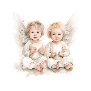 Watercolor Angel Clipart, Child Angel PNG, Twins Baby Shower, Digital ...