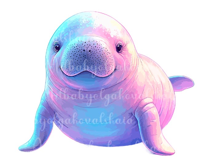 Manatee Clipart, Watercolor Sea Cow, Cute Ocean Animal, Sea Life ...