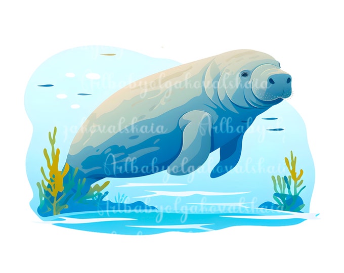 Manatee Clipart, Watercolor Sea Cow, Cute Ocean Animal, Sea Life ...