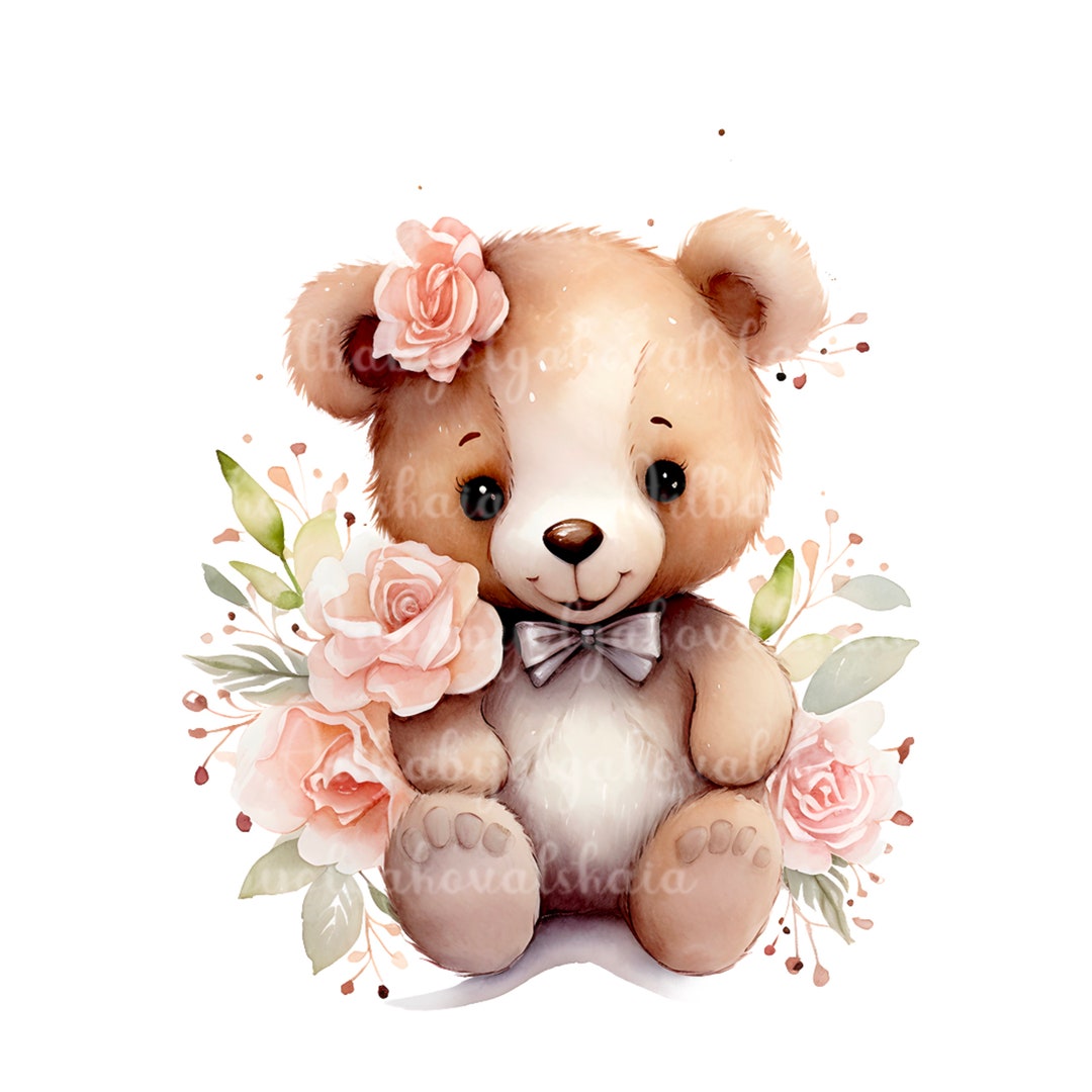 Teddy Bear Clipart, Watercolor Bear PNG, Baby Shower, Digital Download ...