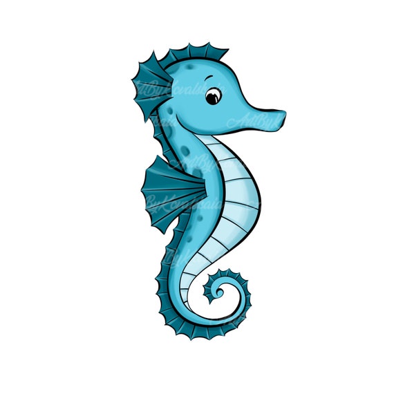Blue Seahorse Clipart Cute Blue Seahorse Watercolor Illustration