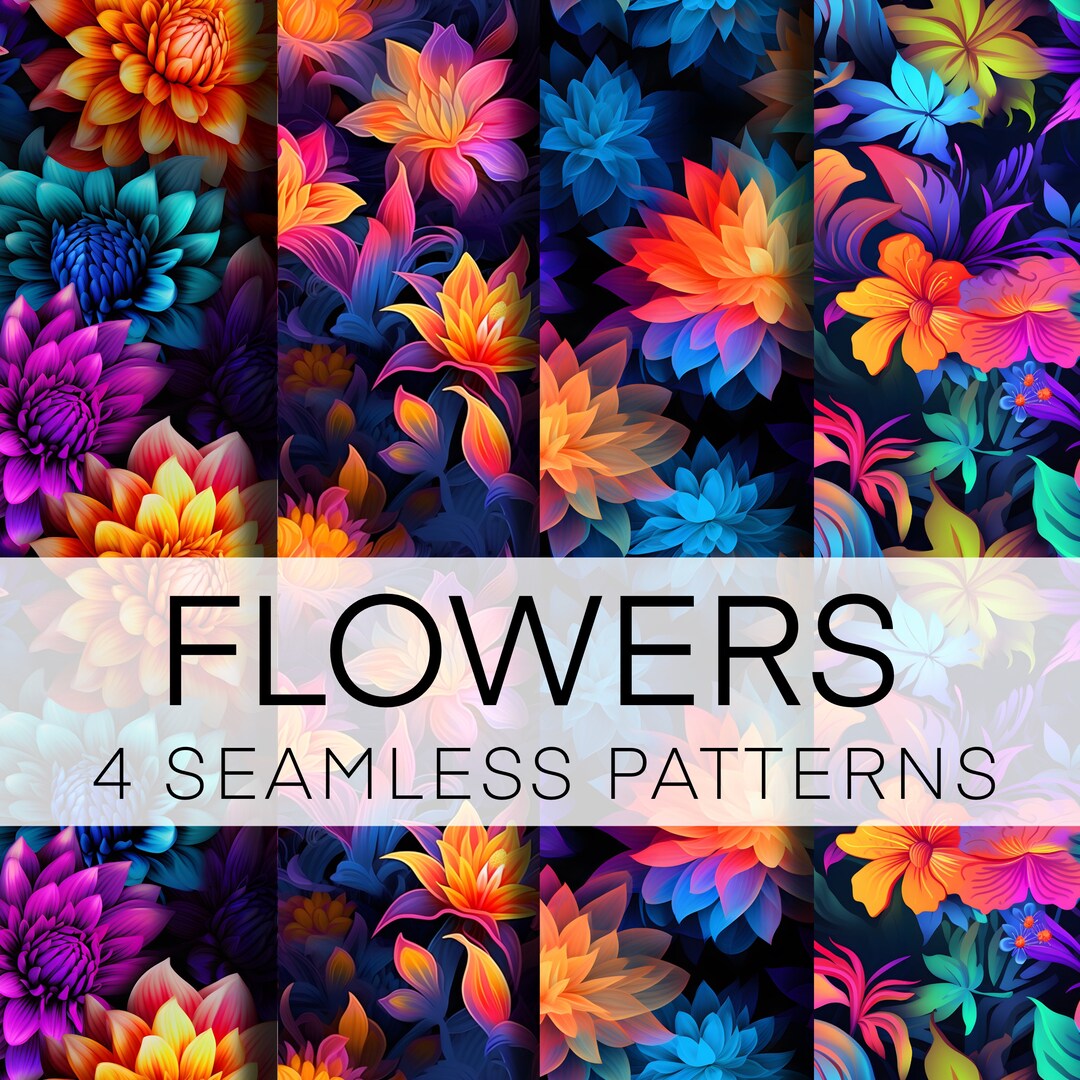 4 Seamless Patterns Neon Flowers, 3D Neon Floral Digital Paper Bundle ...